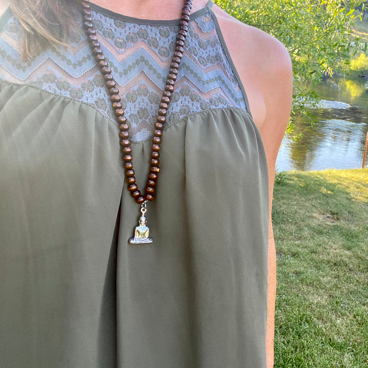 Prayer Bead Mala Wood Necklace with Buddha, 108 beads
